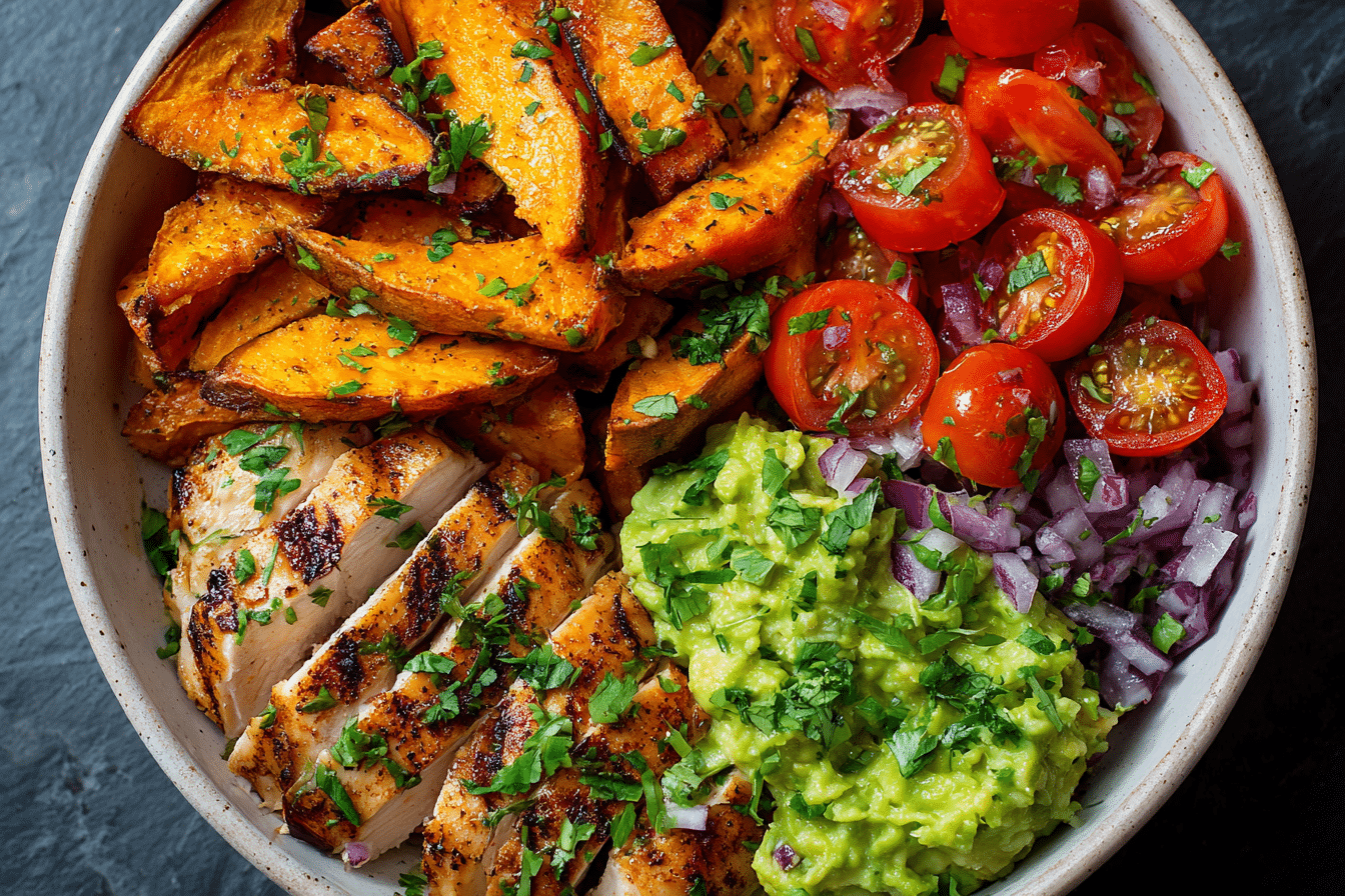 Grilled Herb Chicken Bowl with Sweet Potato Fries & Avocado Salsa ...